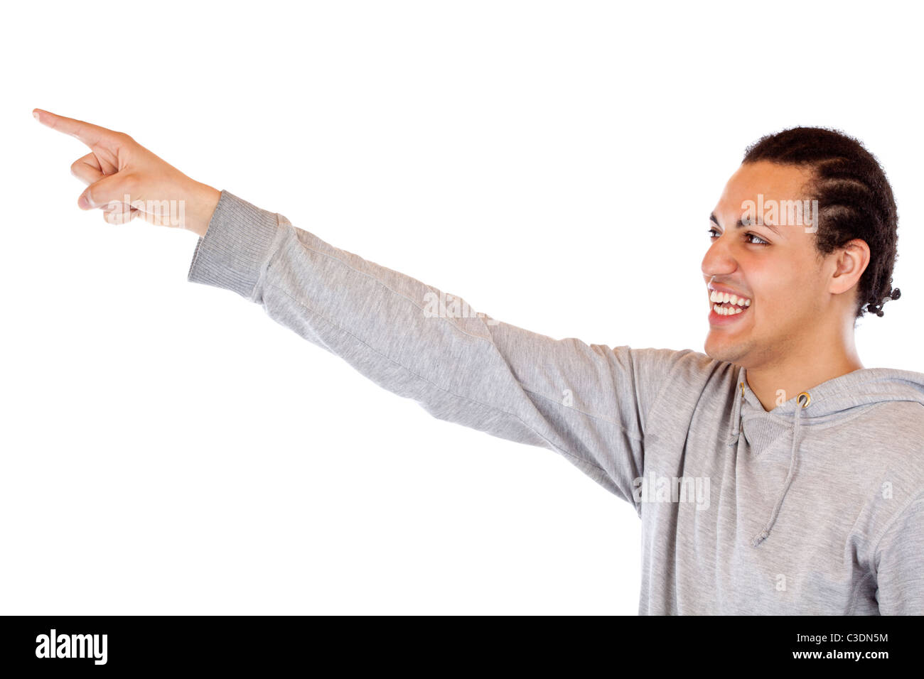 Young, ethiopian man pointing with outstretched arm at ad space ...