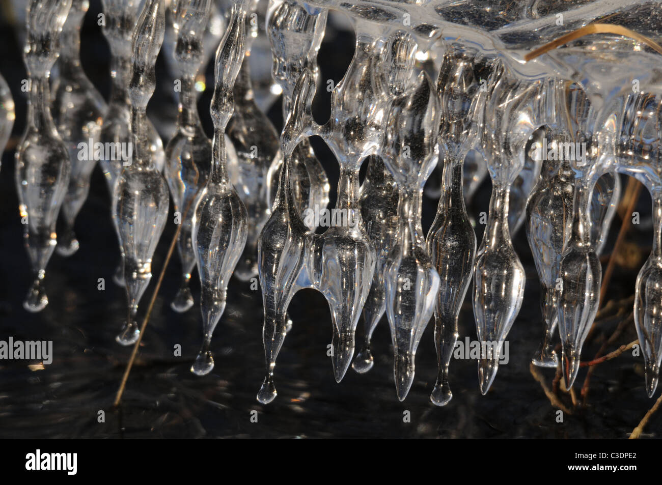 water in solid form, ice formations, old wire fence, winter, cold ...