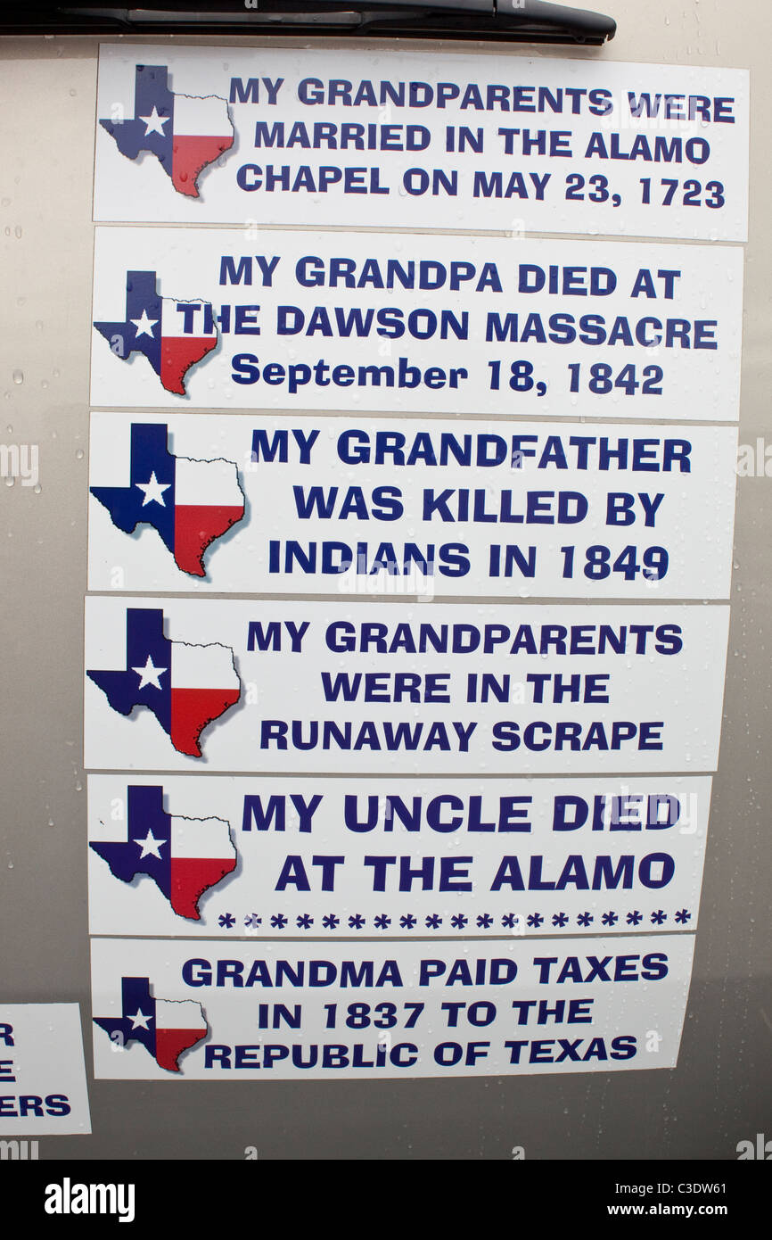 Texas-specific bumper stickers referring to events in Texas history, on ...