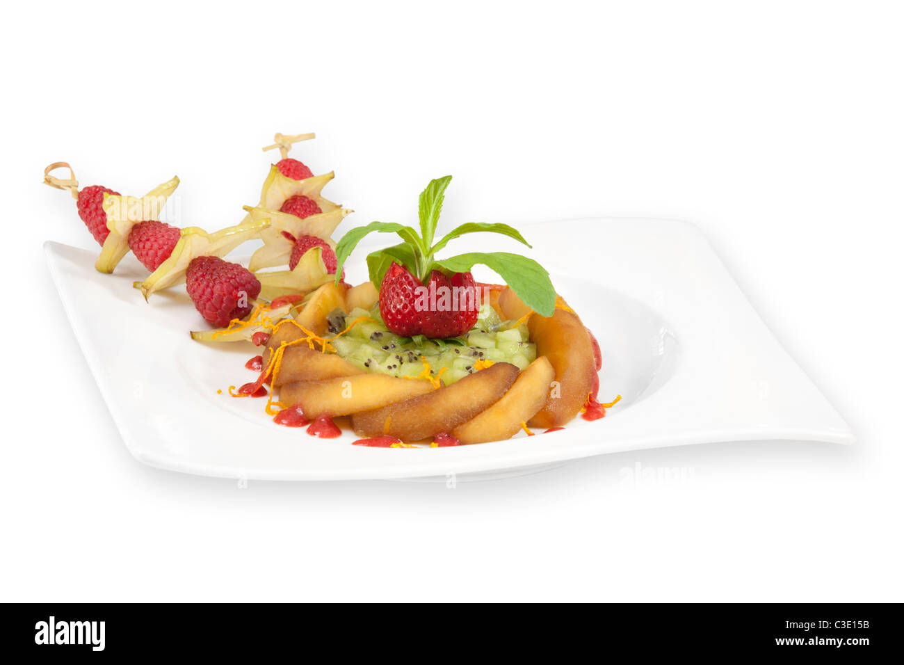 A fruit based dessert photographed in the studio on a white background ...