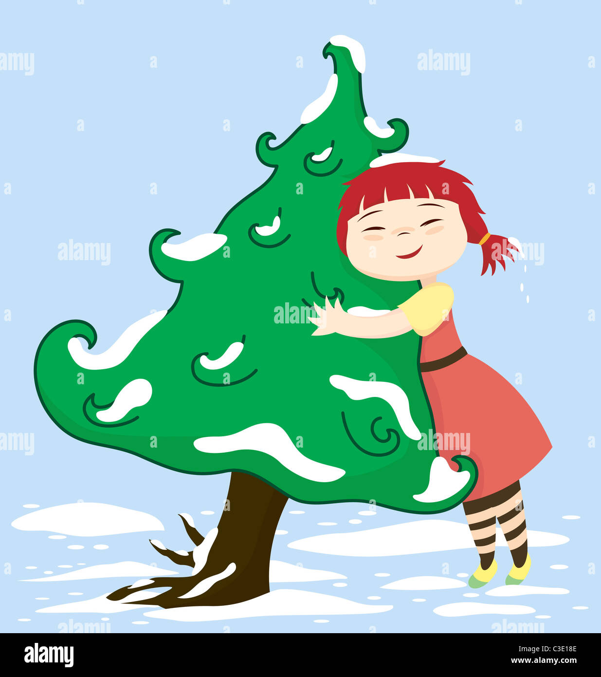 A little girl character hugging a tree with some snow Stock Photo - Alamy