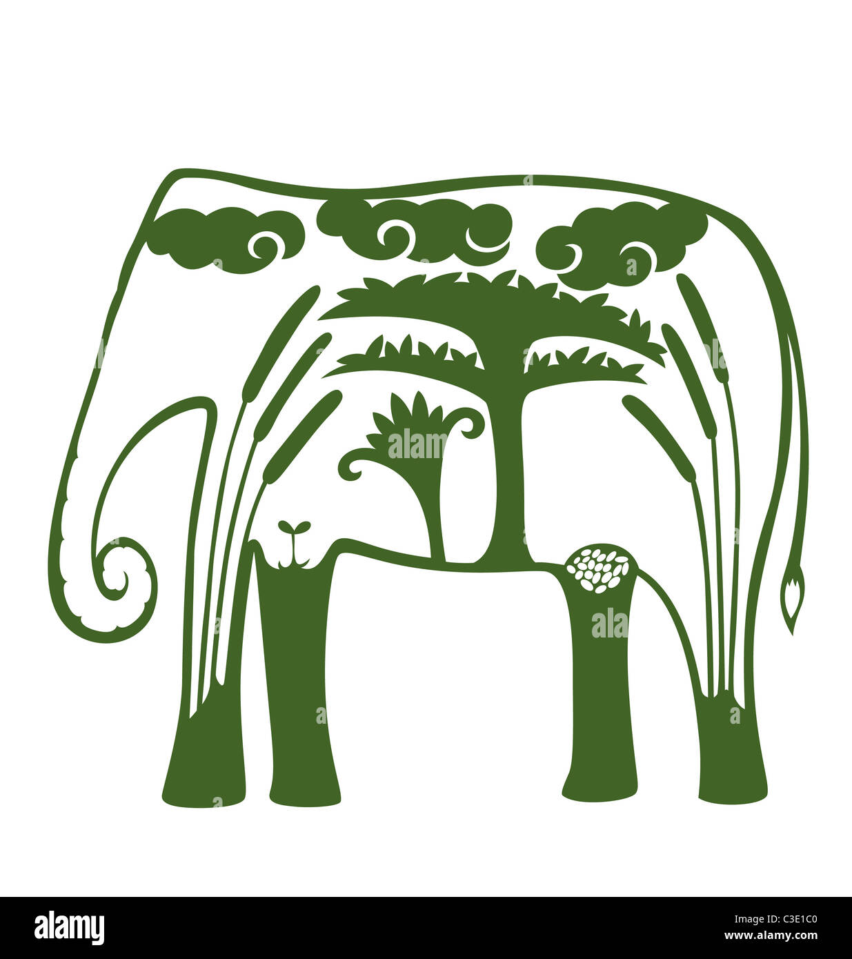 An elephant shape filled with natural object like tree, cloud and wild ...