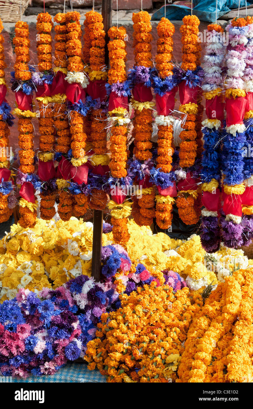 Marigold garlands for sale in Durbar Square, Kathmandu, Nepal Stock ...