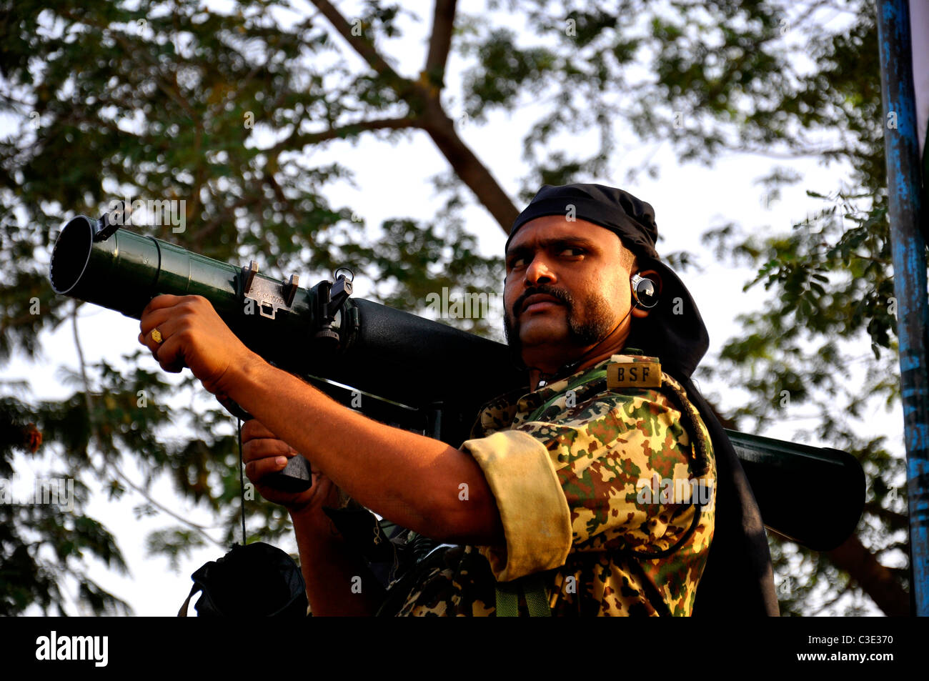 A border security personnel guarding border with rocket launcher Stock ...