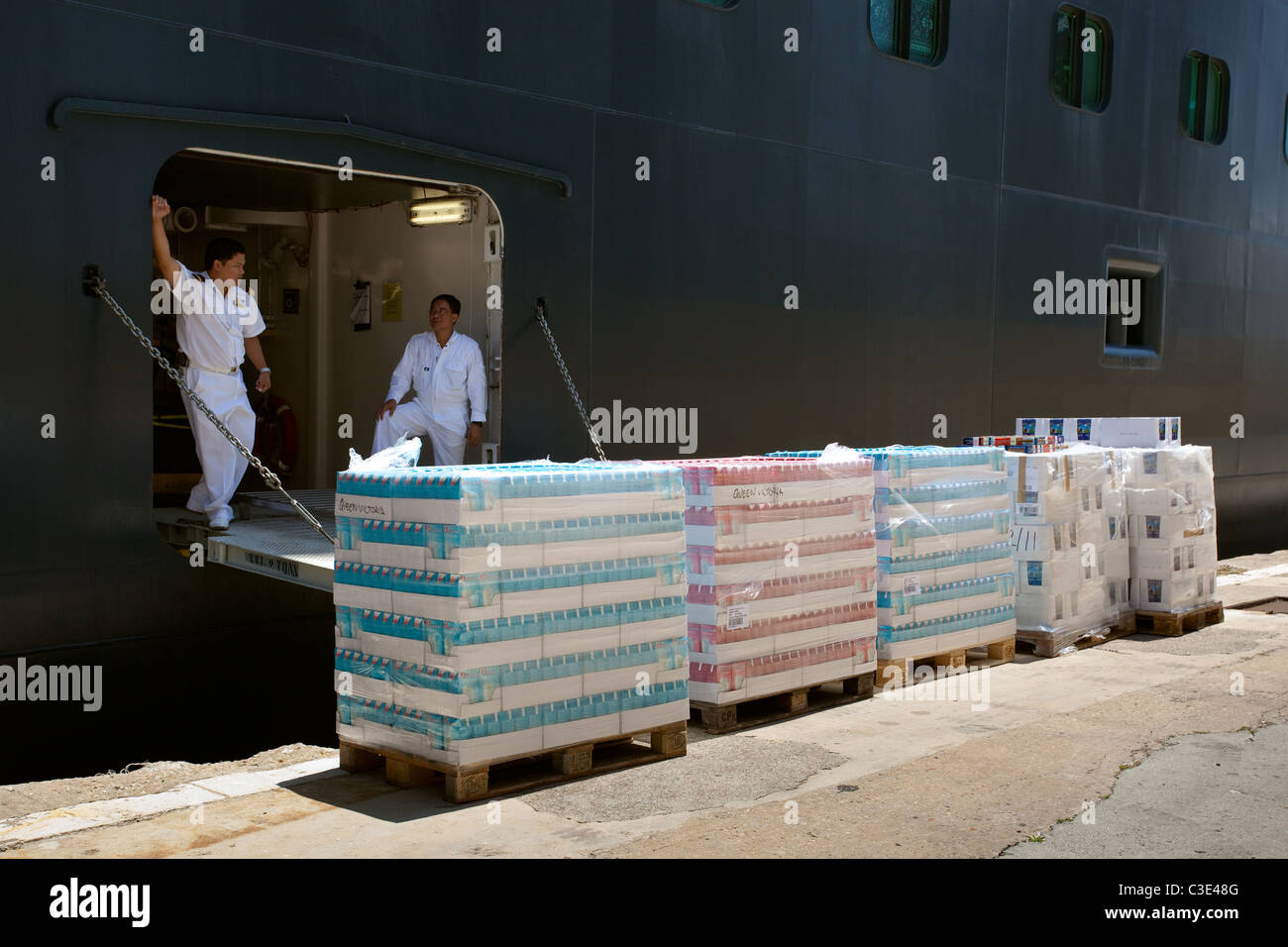 Stores awaiting loading onto passenger ship Queen Victoria at Gibraltar ...