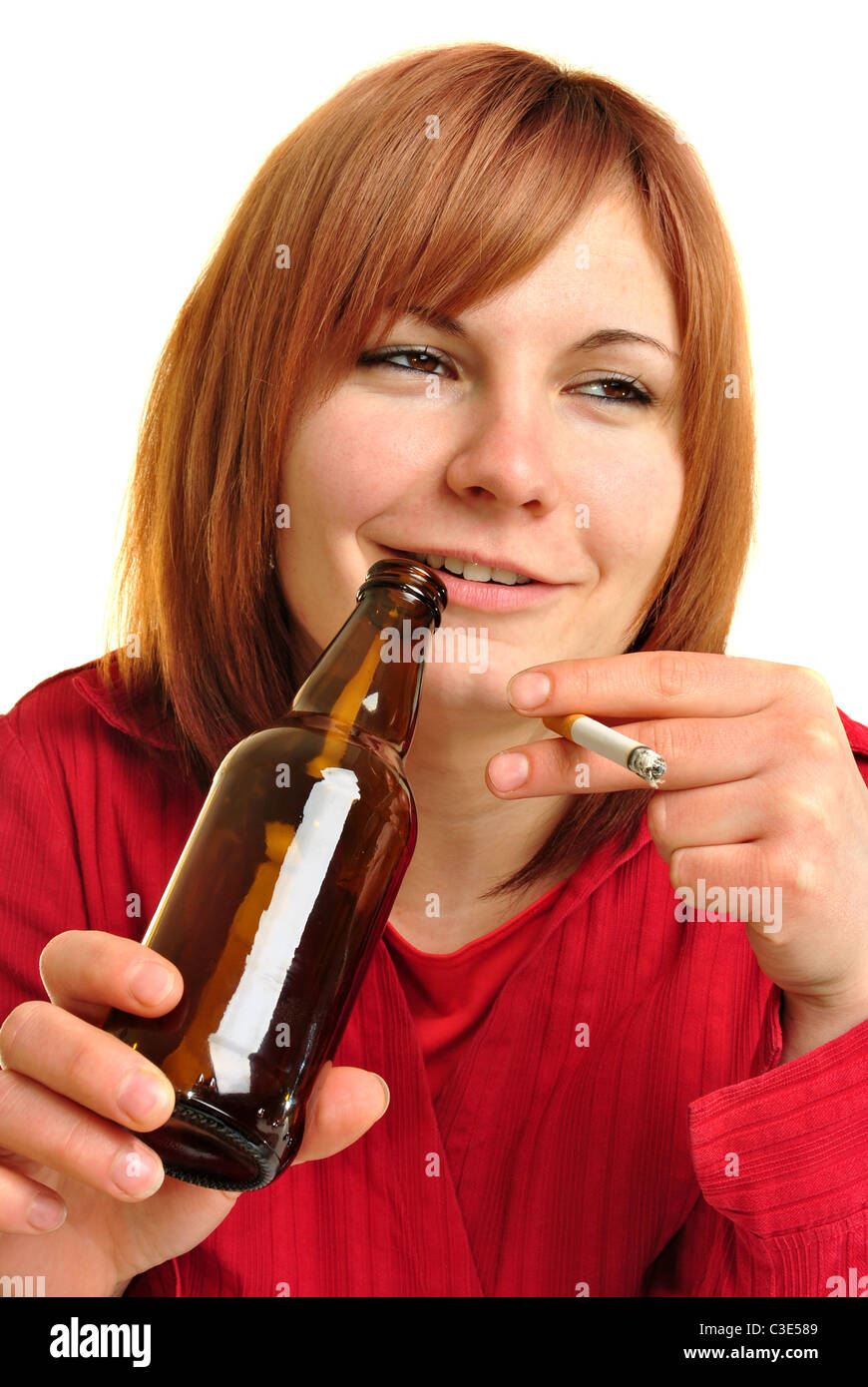 drunken woman with a beer bottle and cigarette Stock Photo - Alamy