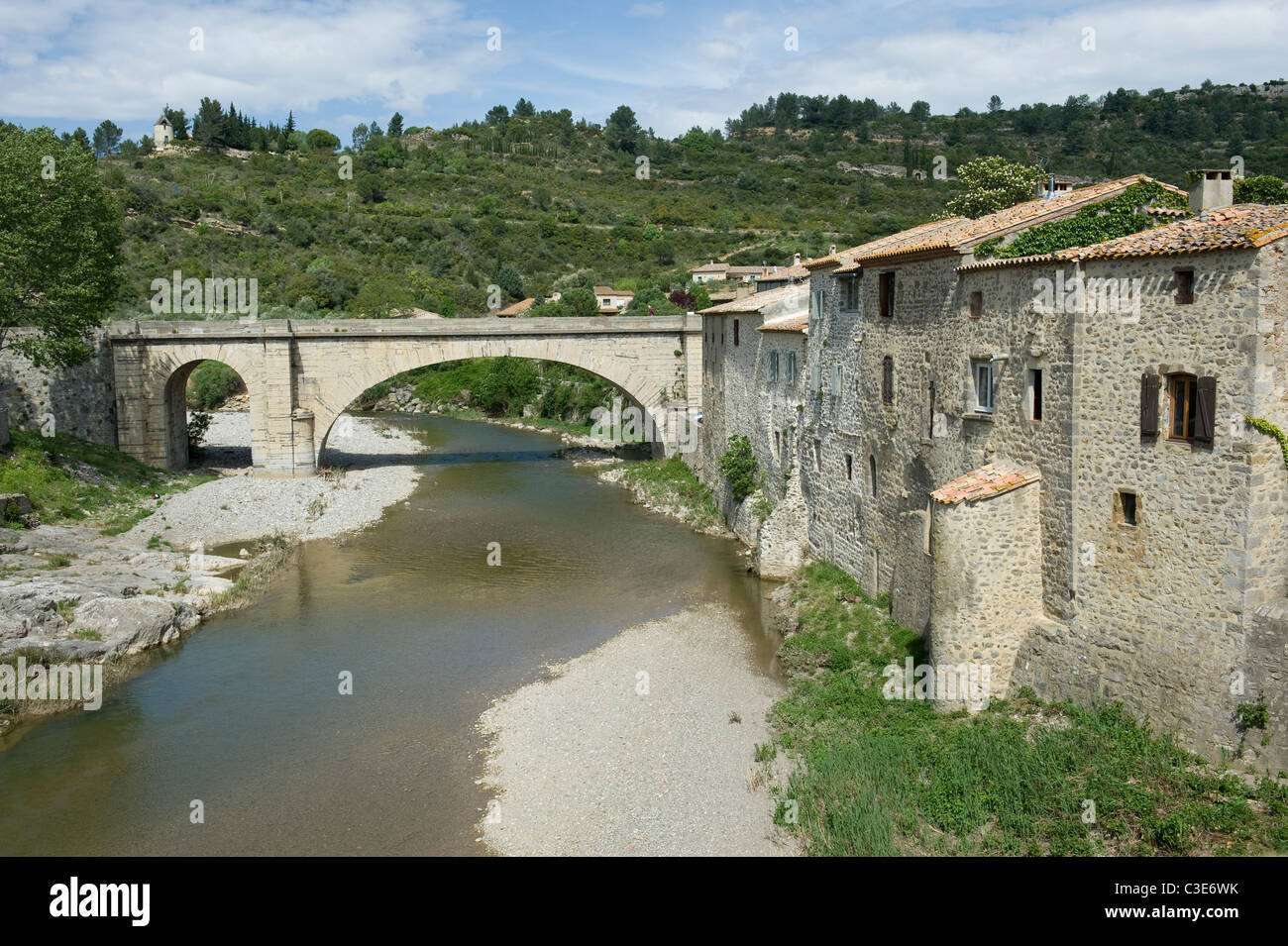 Roman bridge or Pont Vieux of Lagrasse in the Corbières mountains of ...