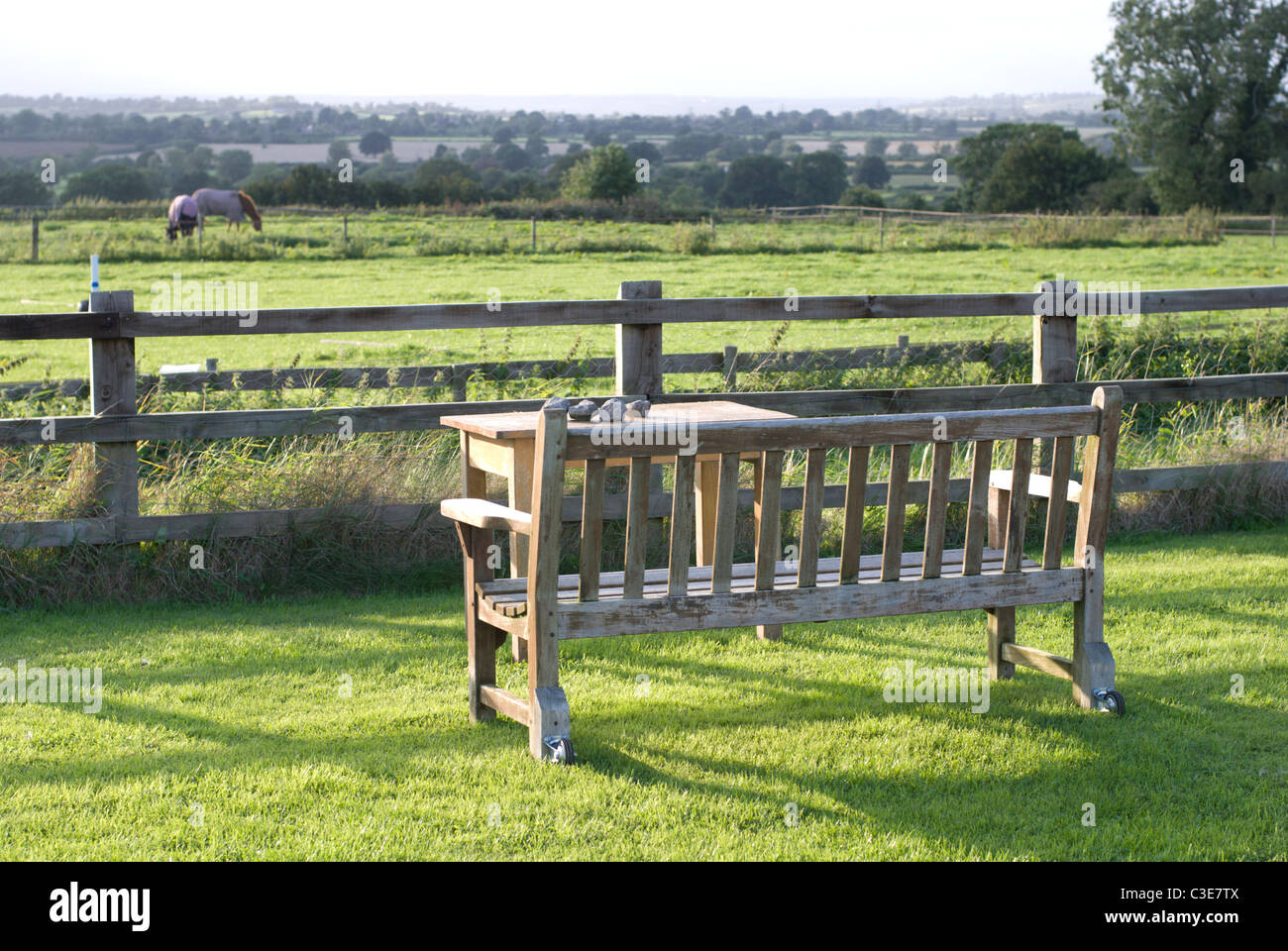 Garden bench, panoramic view, Wiltshire, England Stock Photo - Alamy