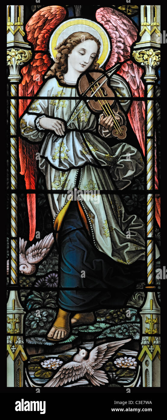 Stained glass window depicting an angel playing a rebec, Booton ...