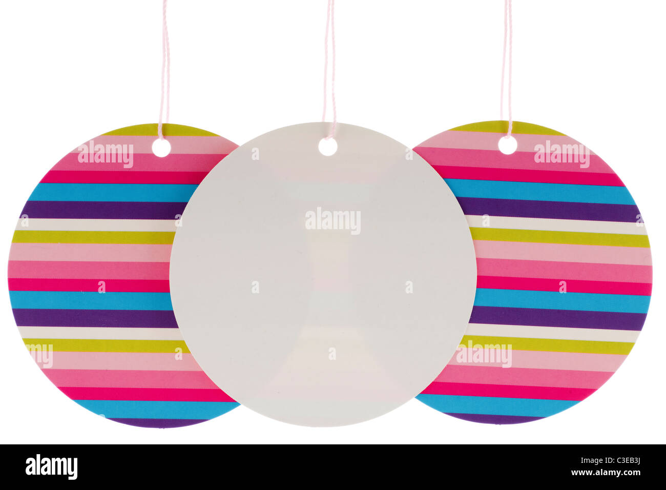 Three multicoloured gift tags Stock Photo - Alamy