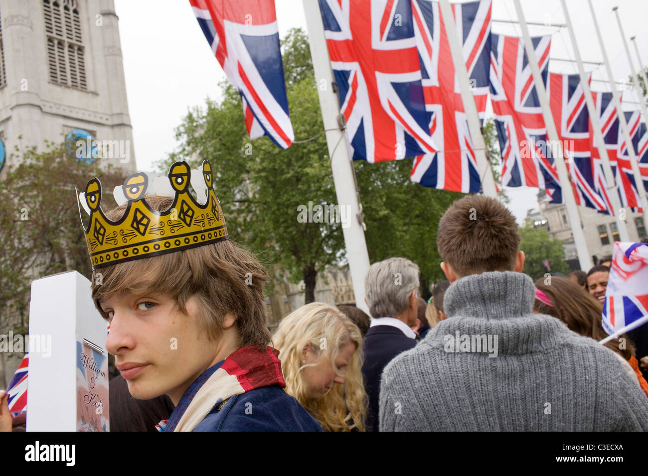 Mr Higgins wearing a crown watches the Royal Wedding from Parliament ...