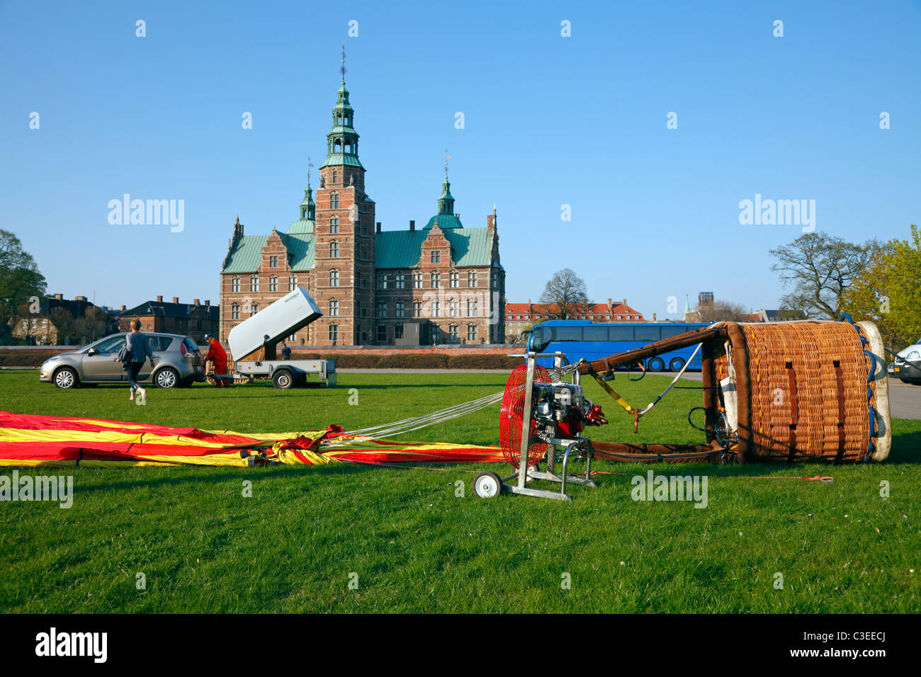 Preparations to fill hot air balloons at Rosenborg Palace, Copenhagen ...