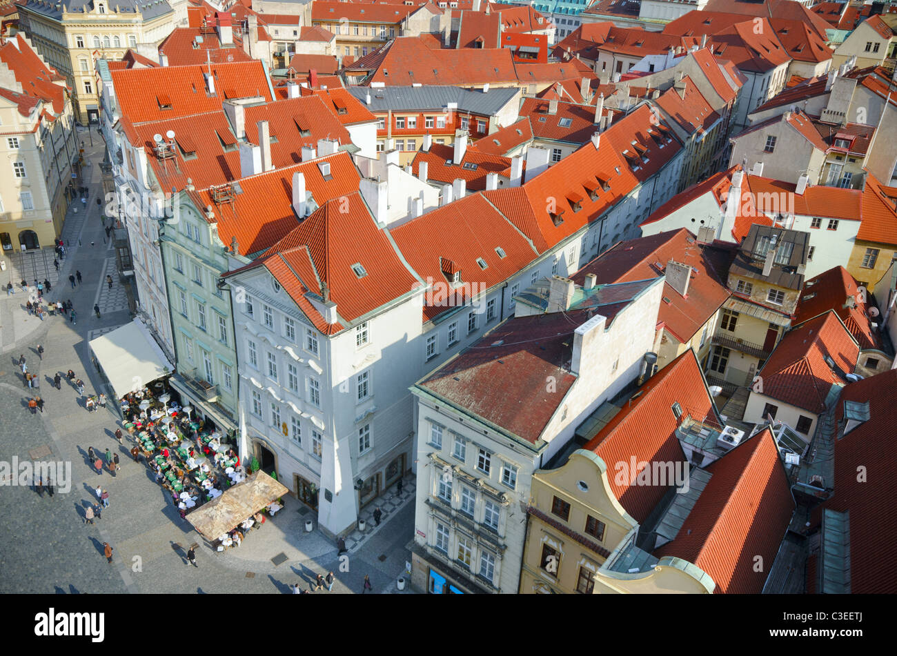 Prague, red tiled roof tops, view from a tower on Old Town Square Stock ...