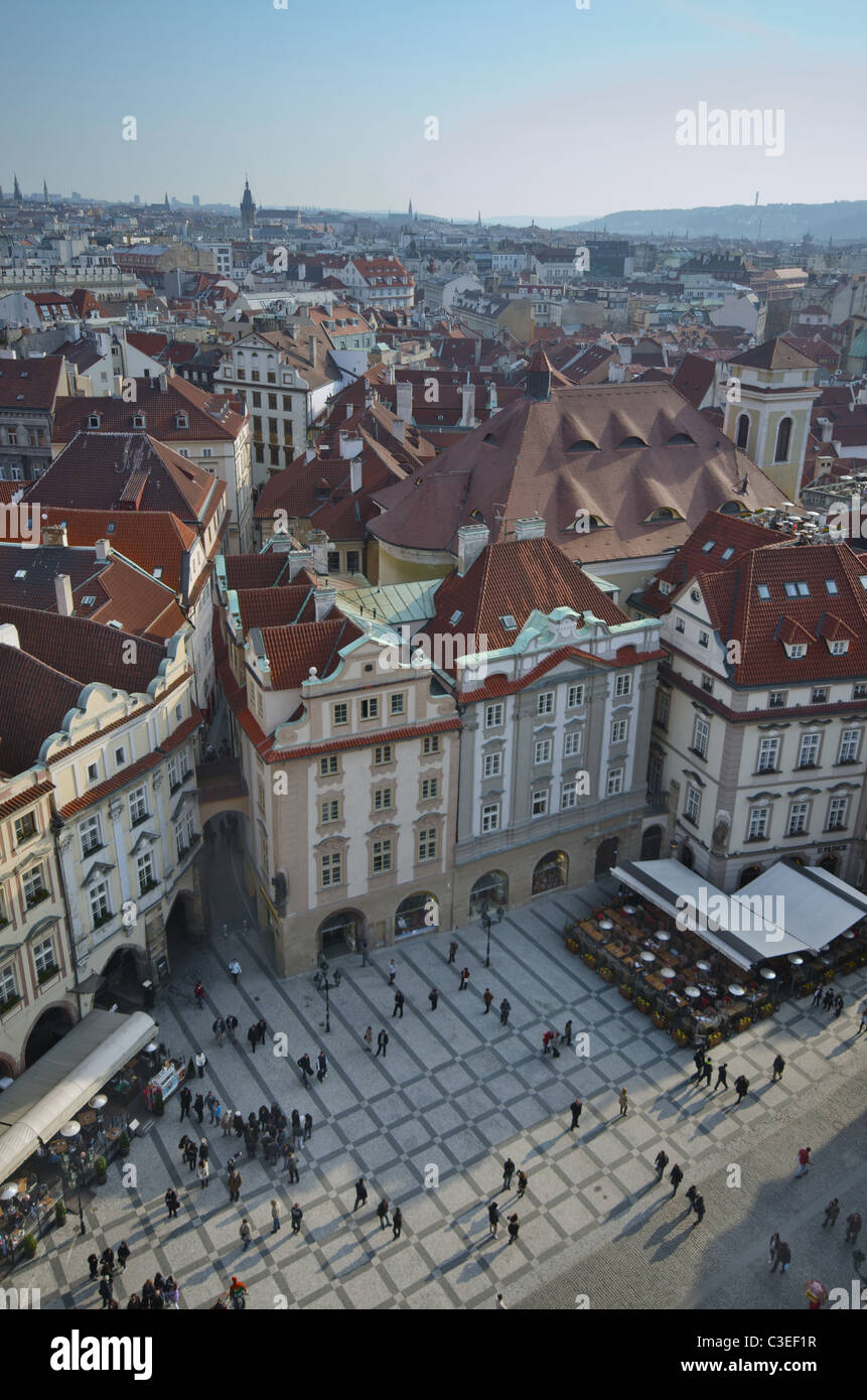 Aerial view of Old Town Square in Prague from the top of the town hall ...
