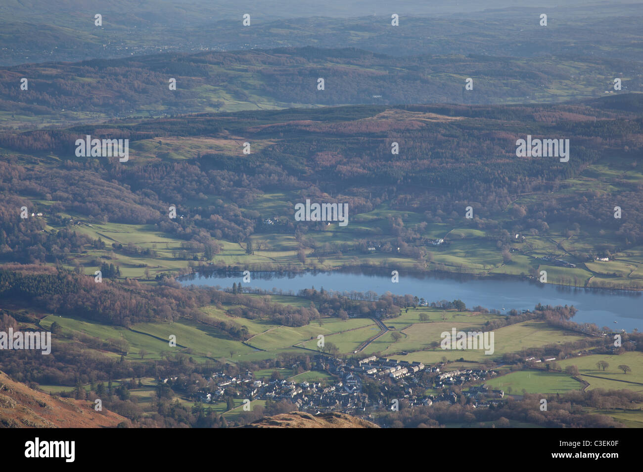 Looking down on Coniston village and Coniston Water, from the summit of ...