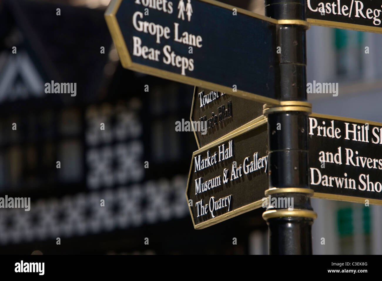 Shrewsbury town centre: Close up of old-style signpost near The Square ...