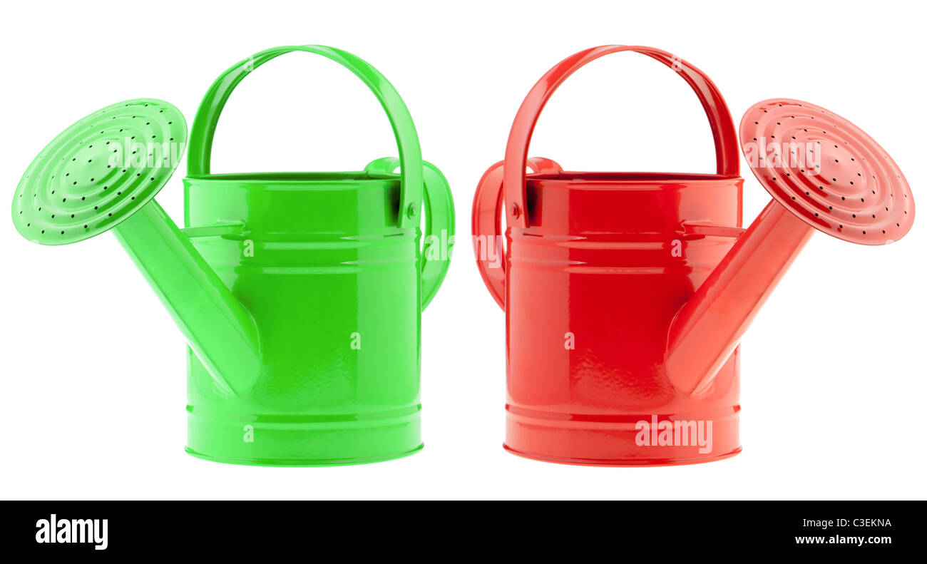 Two color watering can. It is isolated on a white background Stock ...