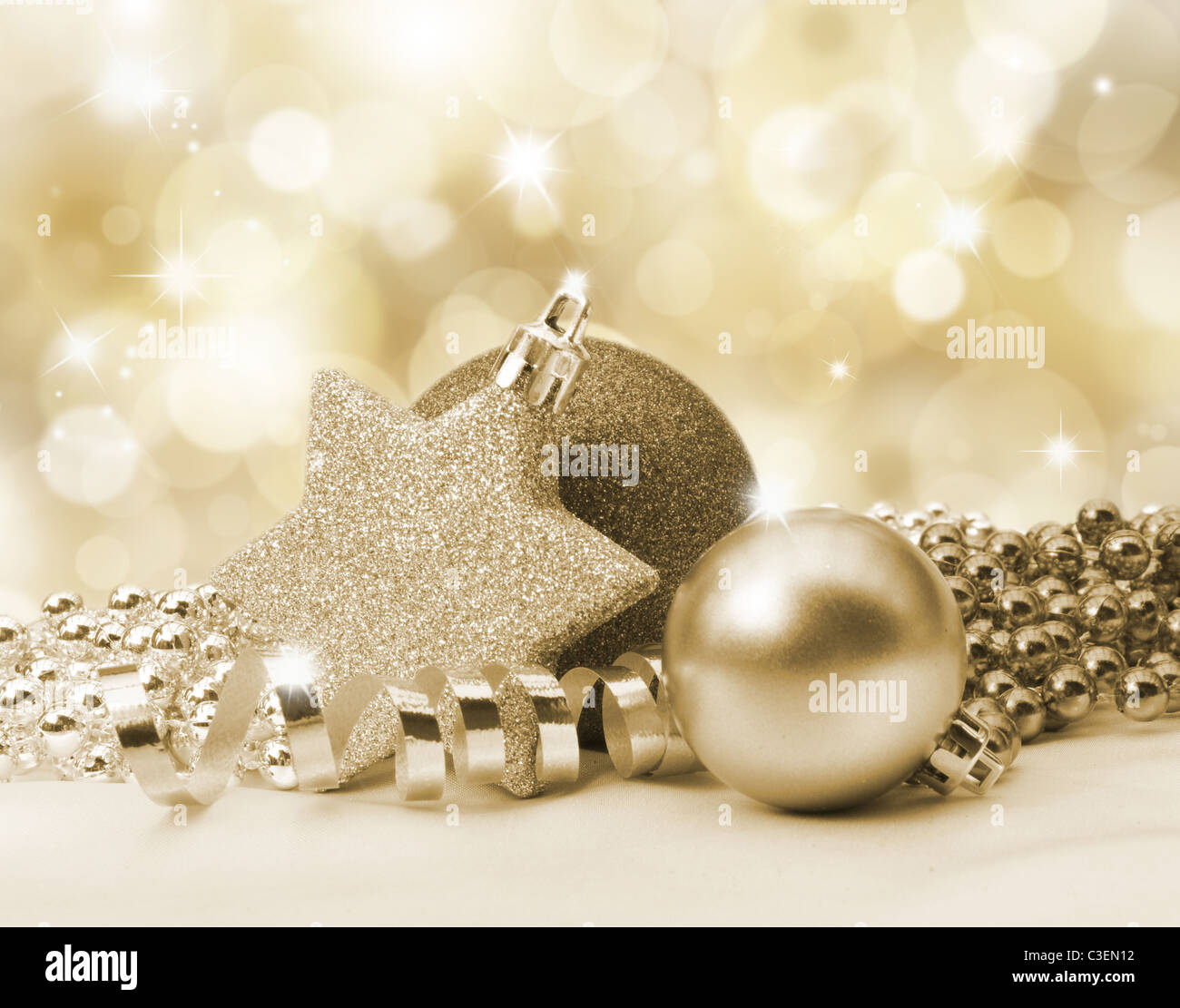 Golden Christmas background with decorations and beads Stock Photo - Alamy