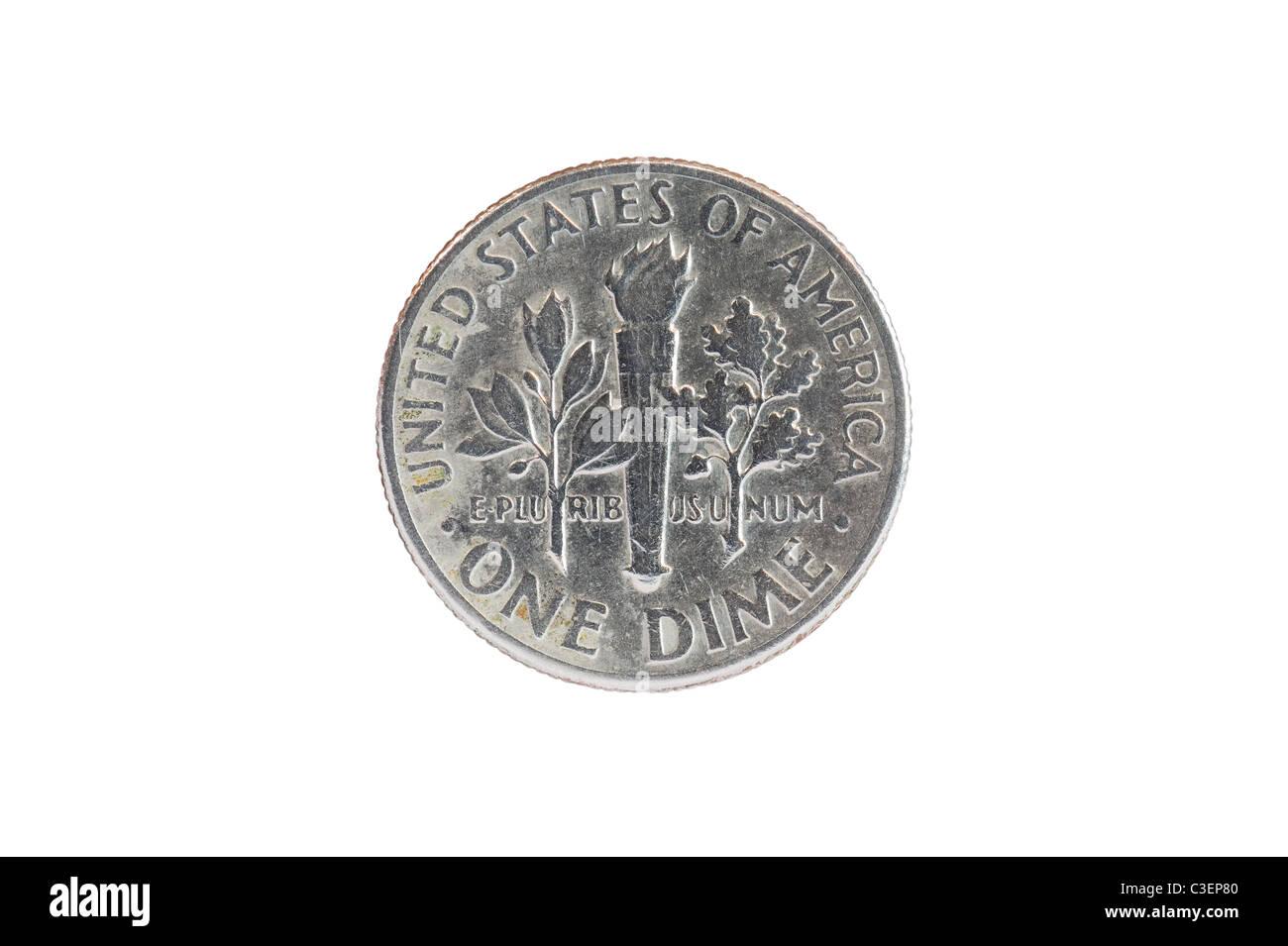 Reverse of a United States USA one Dime coin money showing flaming ...