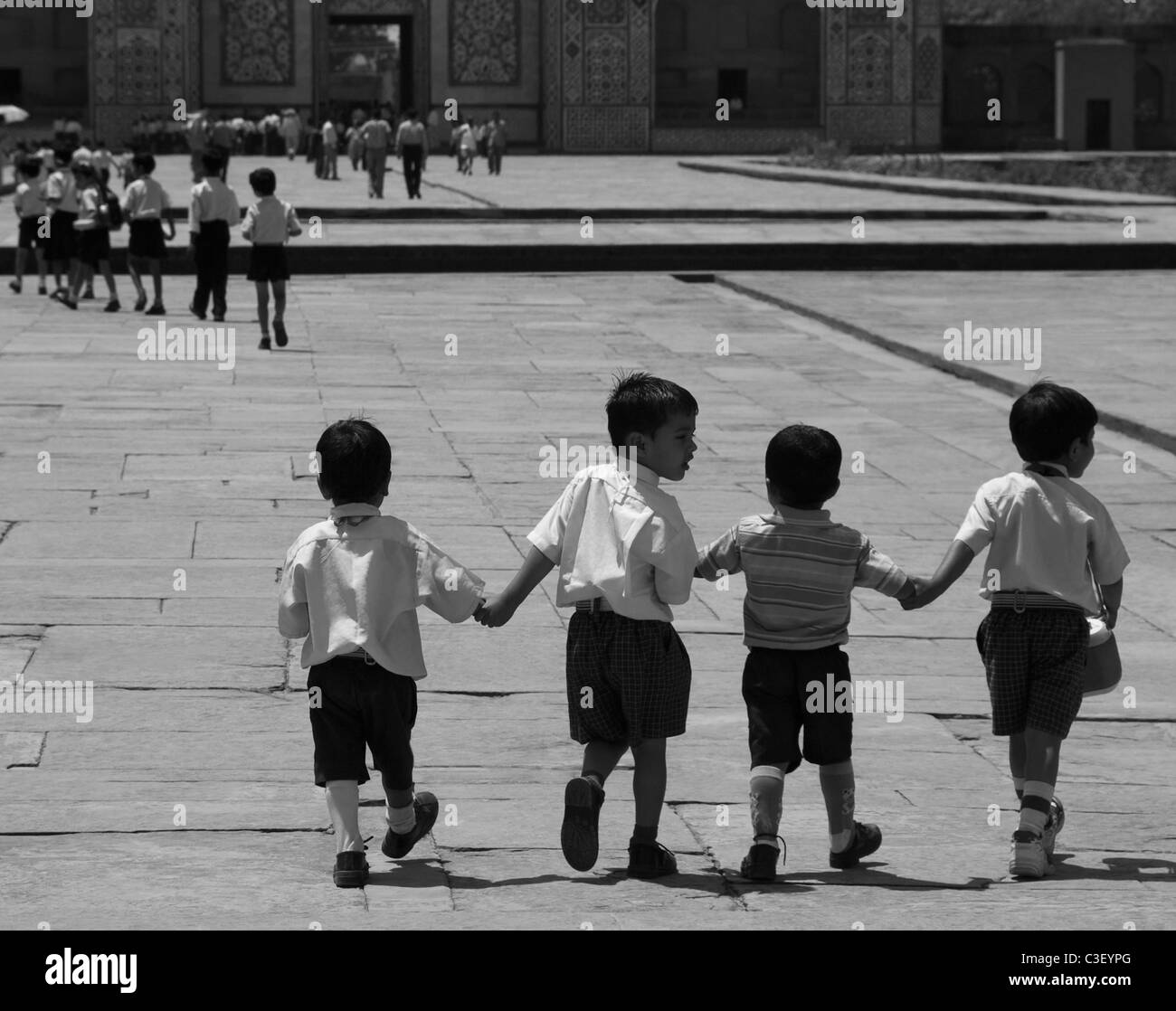School students holding hands at picnic, Agra, Uttar Pradesh, India ...