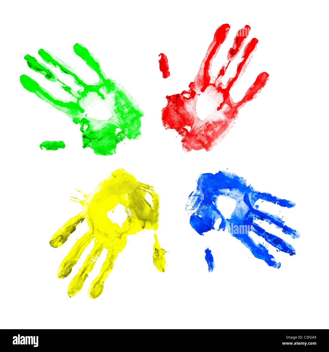 Handprints in different colors on a white background Stock Photo - Alamy