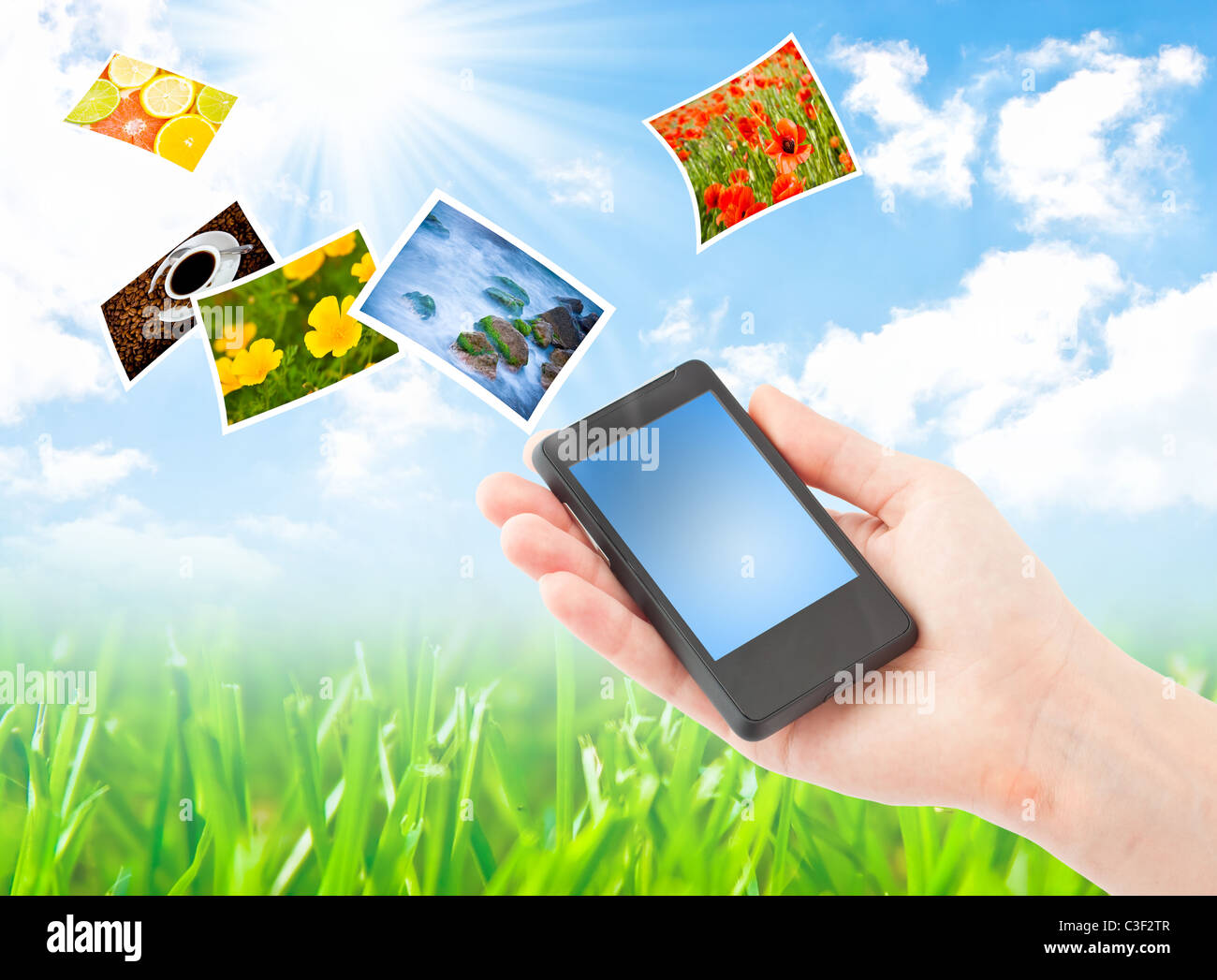 Mobile phone and hand. Communication concept. Collage Stock Photo - Alamy