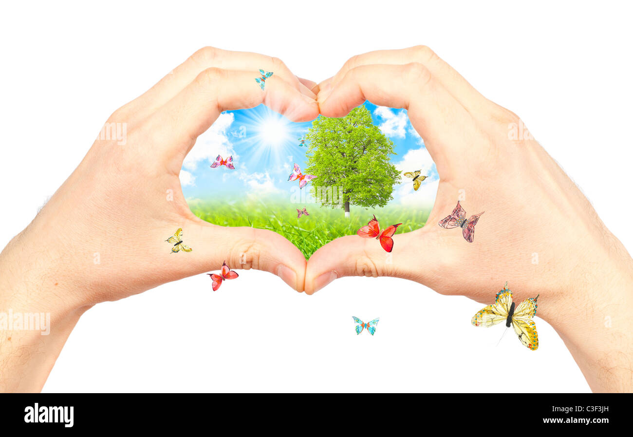 Human hand and nature. Symbol of the environment. Collage Stock Photo ...