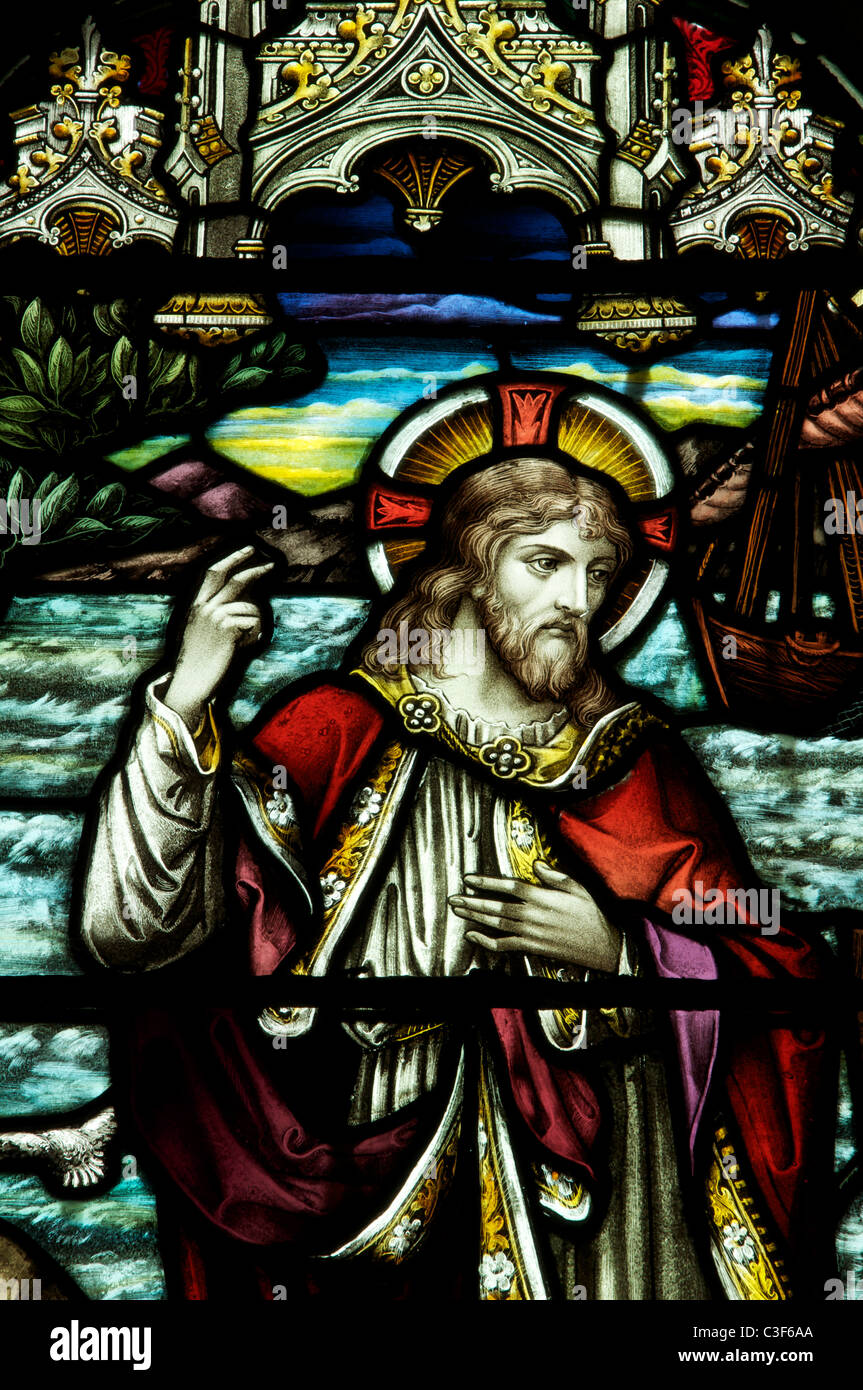 “Jesus the fisher of men”. A detail of a Victorian stained glass window ...