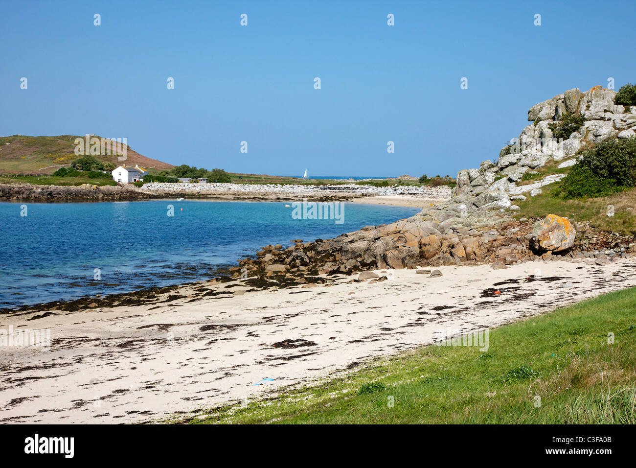 Scene on Bryher in the Isles of Scilly showing Great Par beach with ...