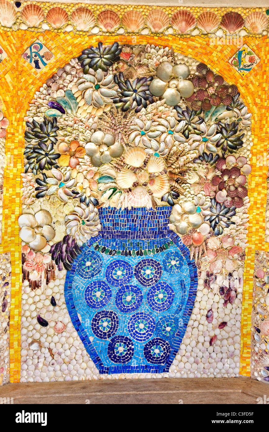 Colourful shell and ceramic mural adorning walls of the shell grotto in ...