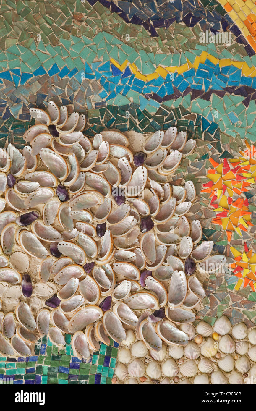 Colourful shell and ceramic mural adorning walls of the shell grotto in ...