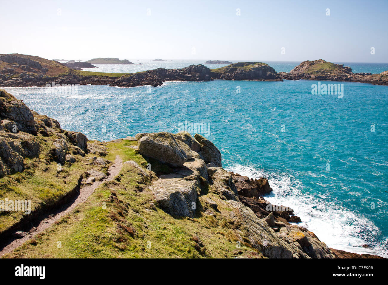 Tresco in the Isles of Scilly looking along the coast path at Kettle ...