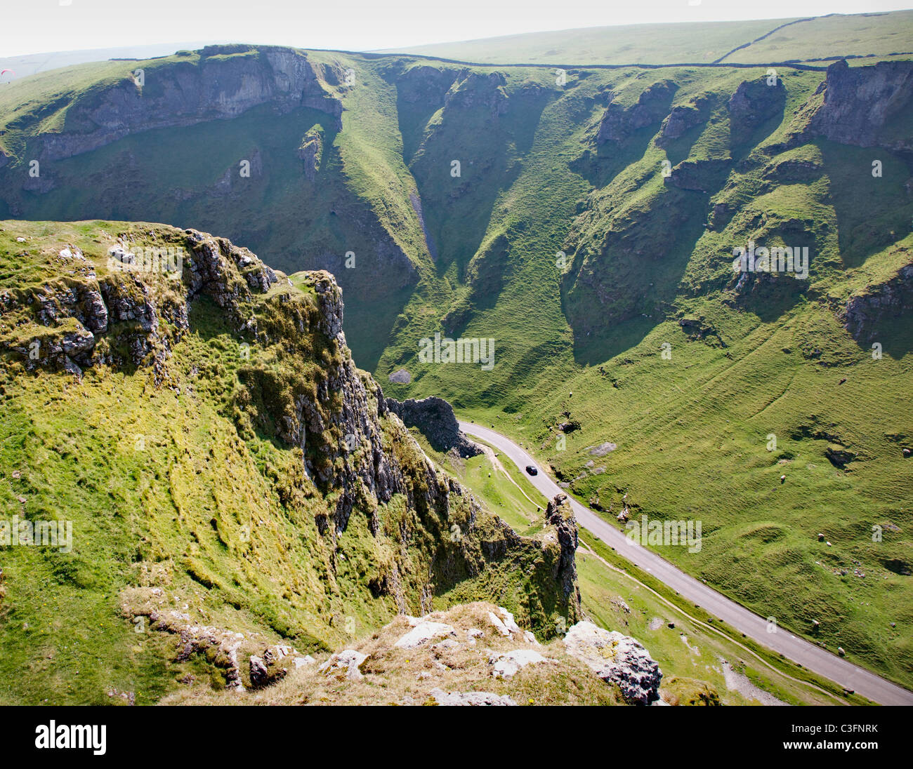 A driver negotiates the steep limestone gorge of Winnat's Pass near ...