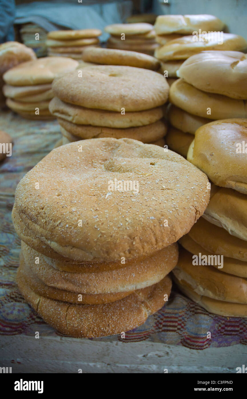 Khobz the Moroccan bread inside covered markets outside Medina old town ...
