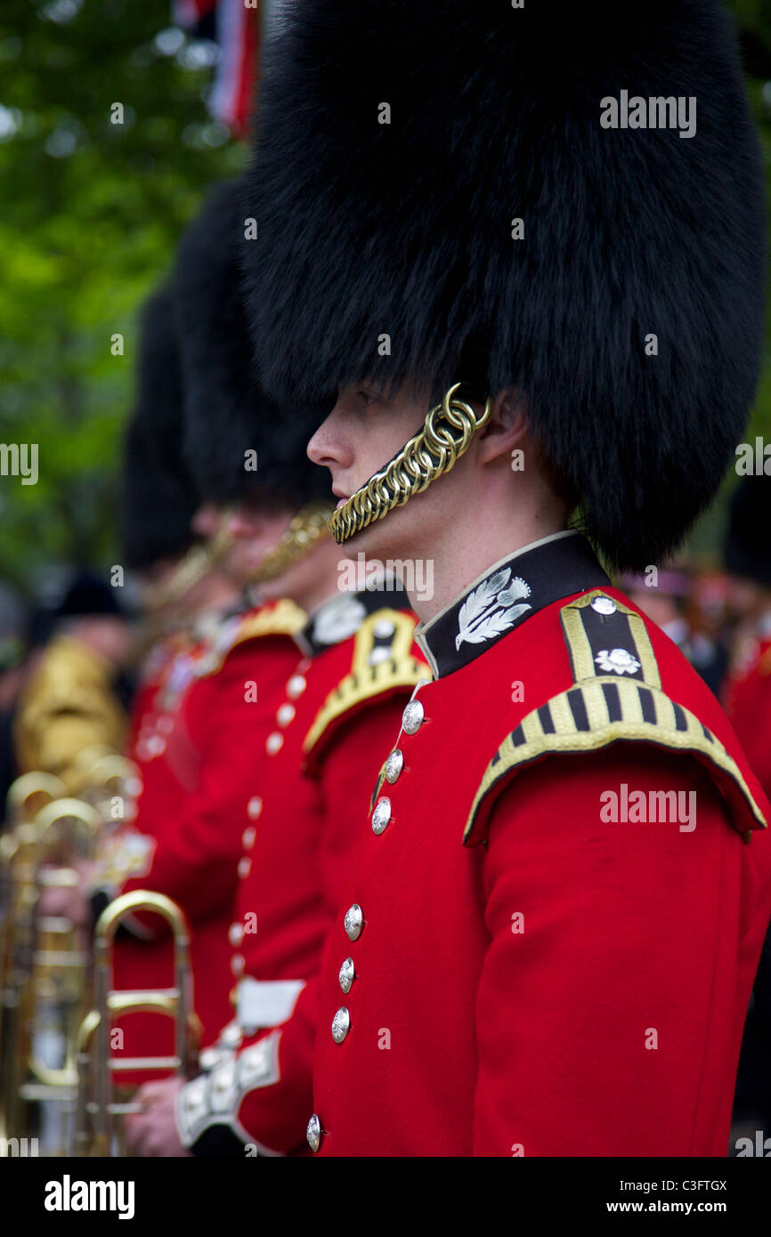 Soldiers from the Band of the Cold stream guards in Horse Guards Parade ...
