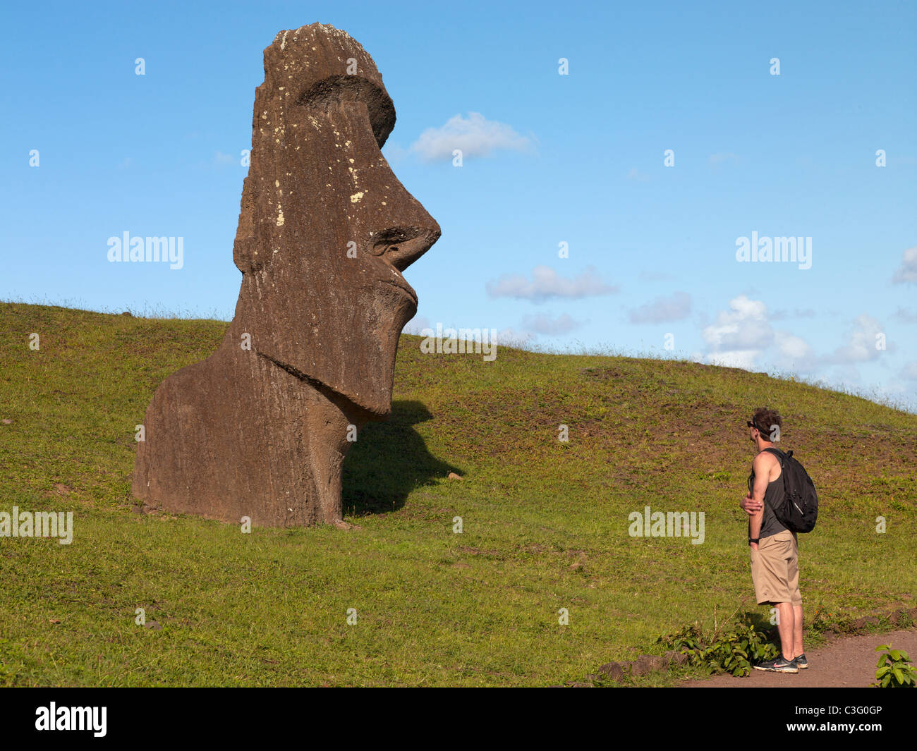Tourist looking at Moai on the Rano Raraku hill, Easter Island Stock ...