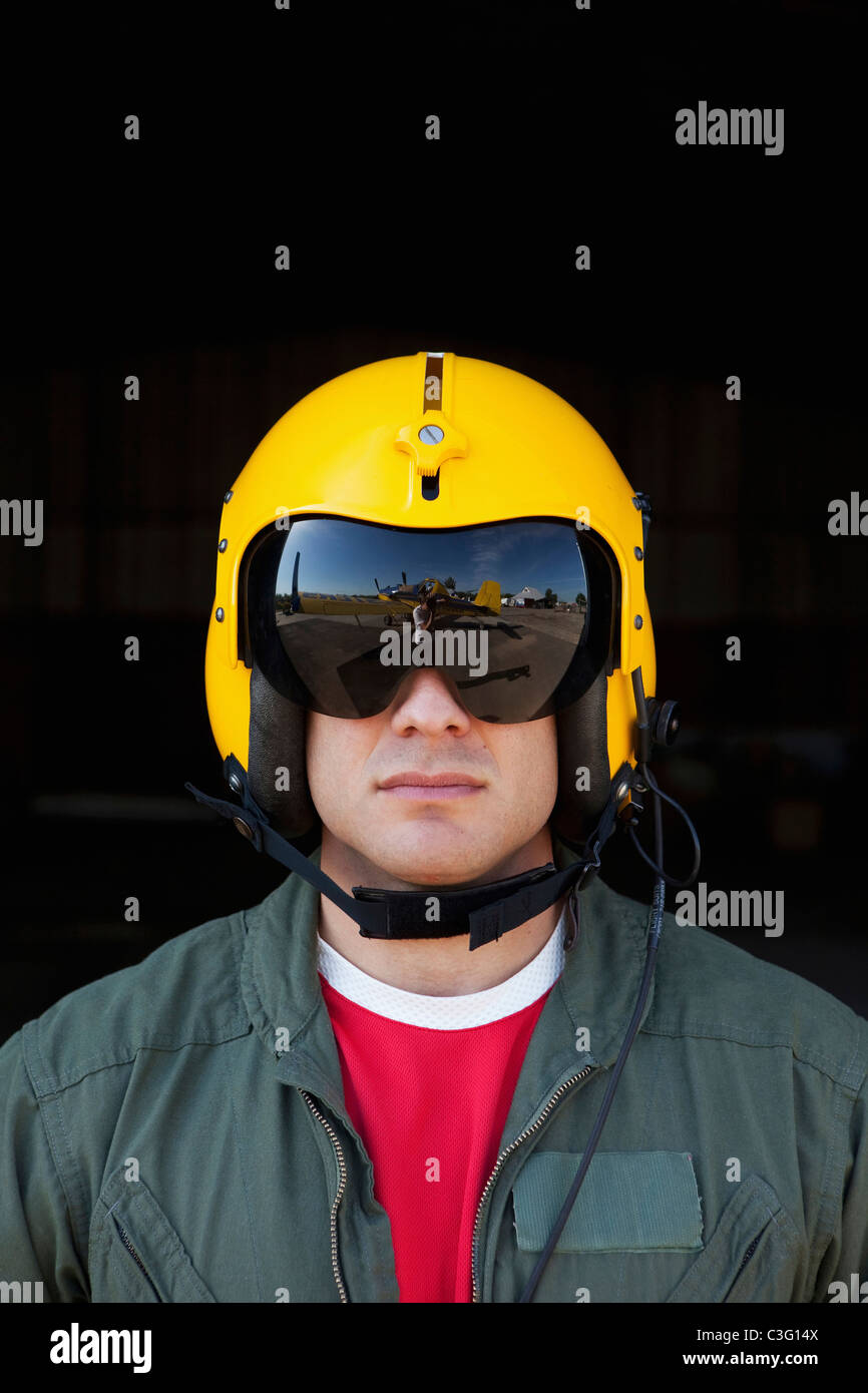 Caucasian pilot in helmet Stock Photo - Alamy