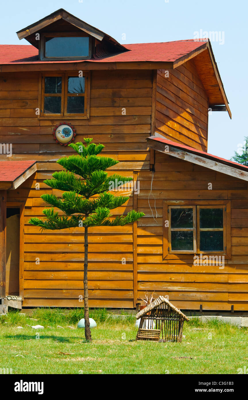 Country cottage house pine balk wall with windows and pine with a ...