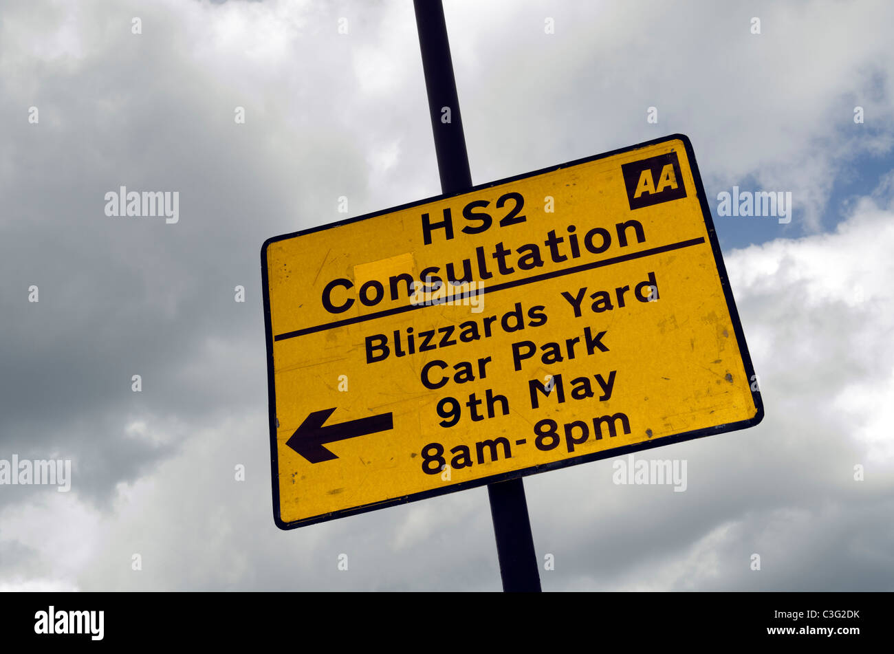AA yellow HS2 consultation exhibition notice and sign against the sky ...