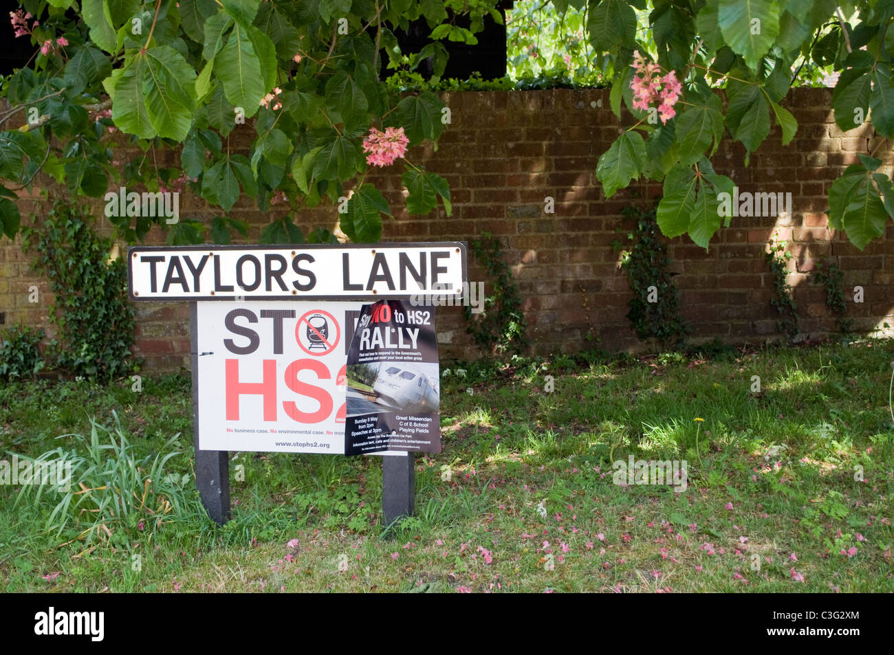 Stop HS2 notice on Taylors Lane street sign Little Missenden Bucks UK ...