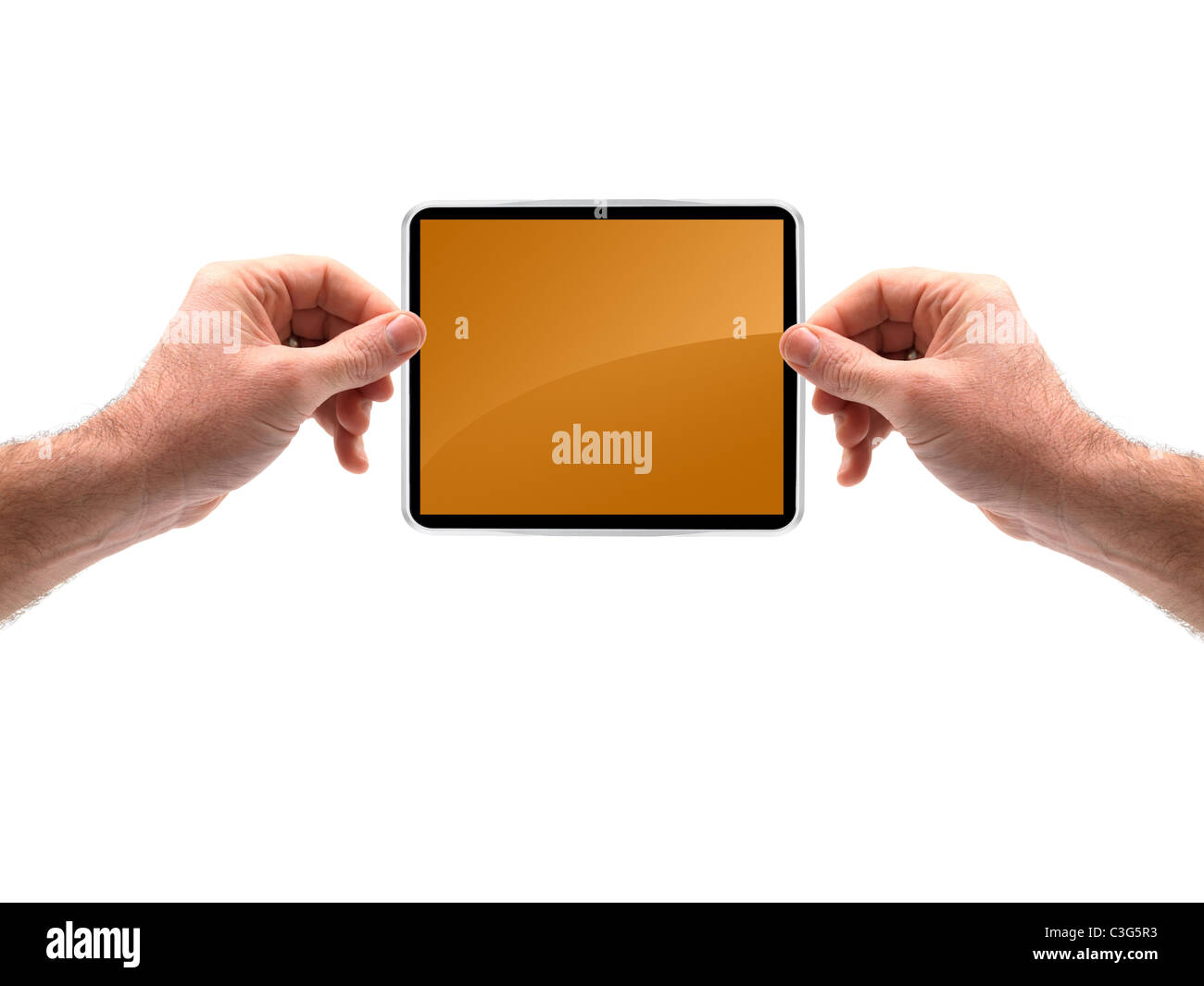 Hands holding a touchscreen tablet isolated against a white background ...