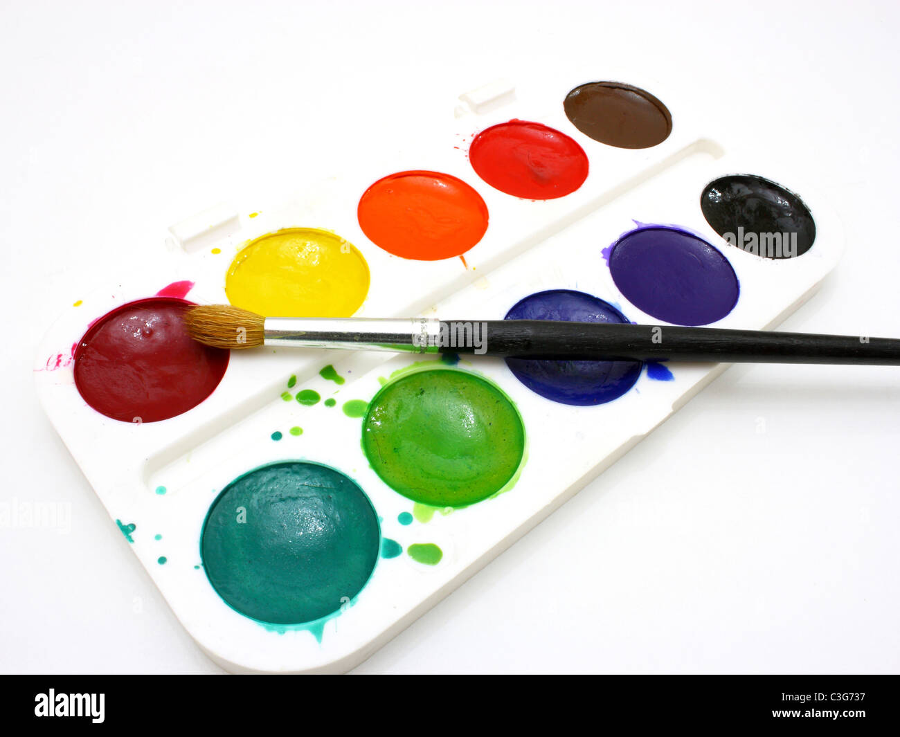 Dirty watercolor paints set with brushes after using Stock Photo - Alamy