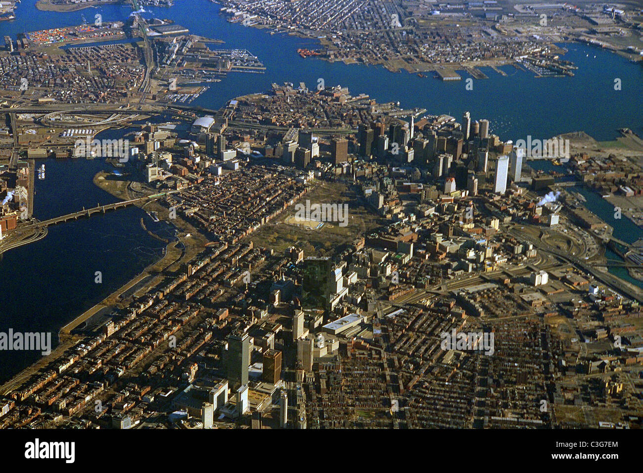 Aerial view of downtown Boston, Back Bay, the Charles River, and Boston ...