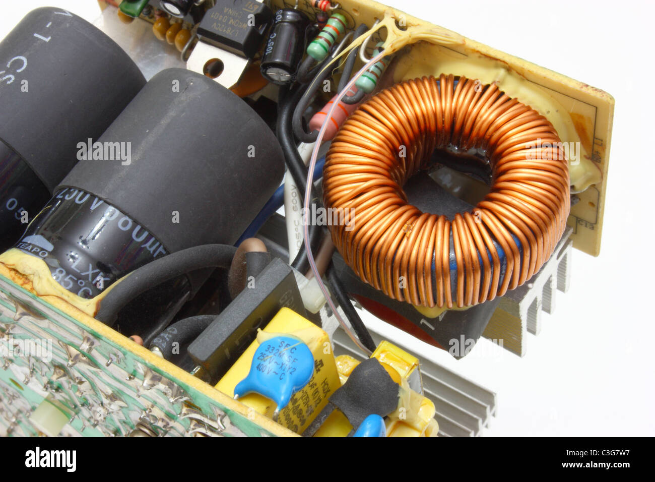 The computer power unit in an open kind with details and electric wires ...