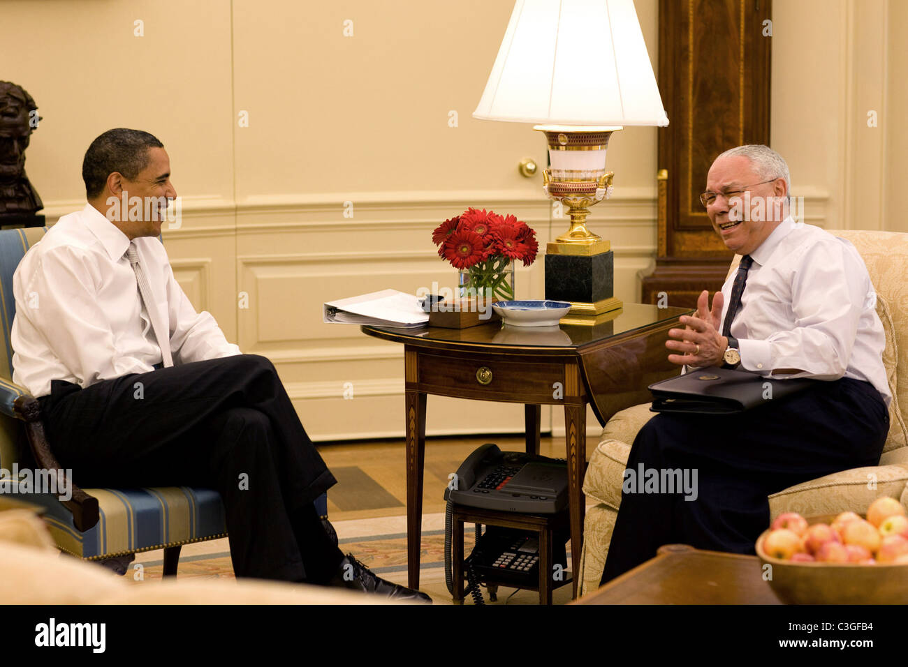 President Barack Obama meets with former Secretary of State, General Colin Powell, in the Oval ...