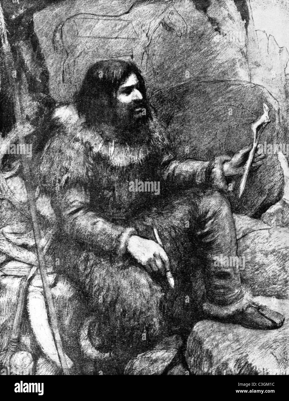 Vintage illustration depicting a primitive man who has learnt to carve ...