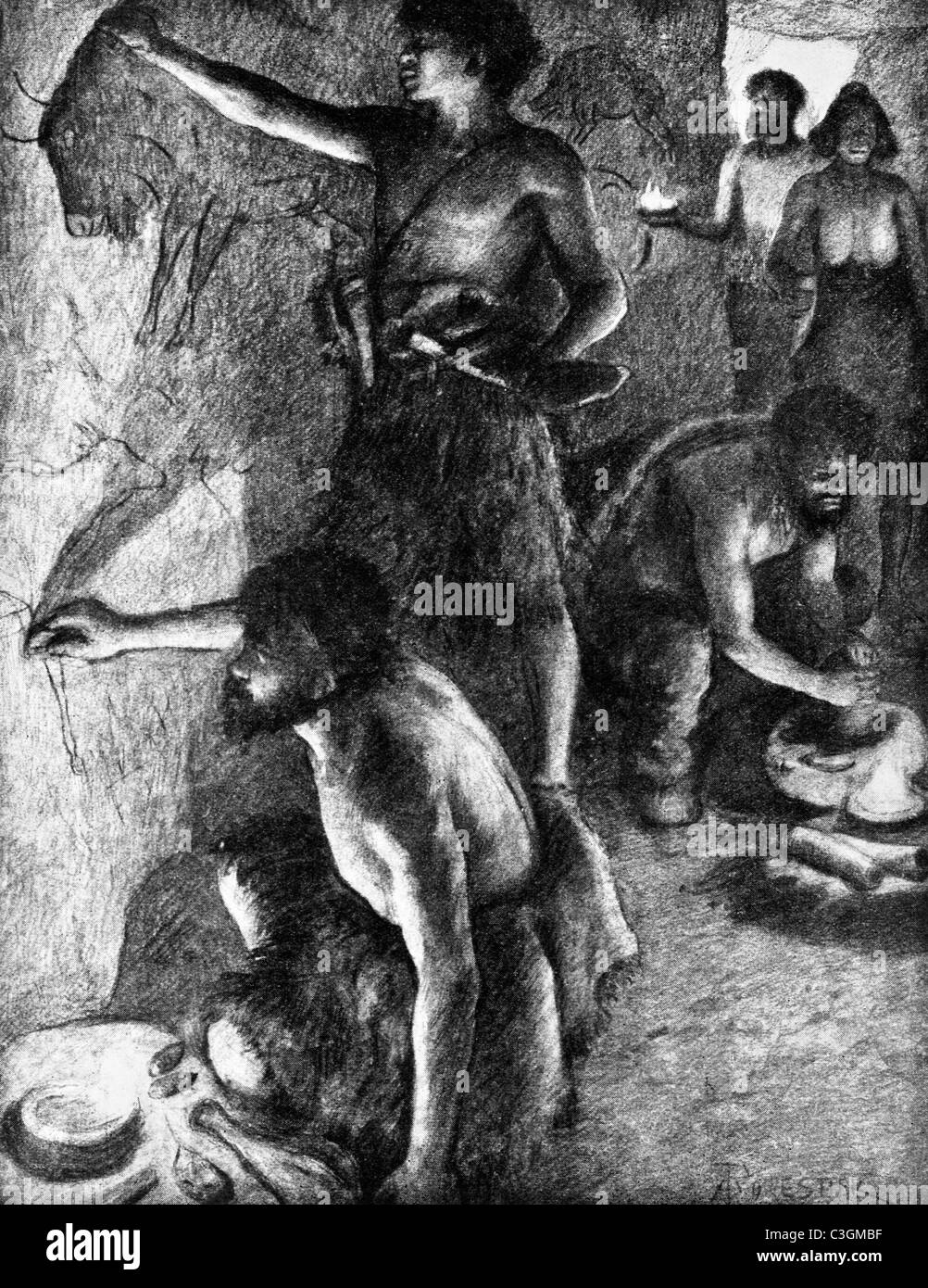 Vintage illustration depicting cavemen decorating their caves with ...