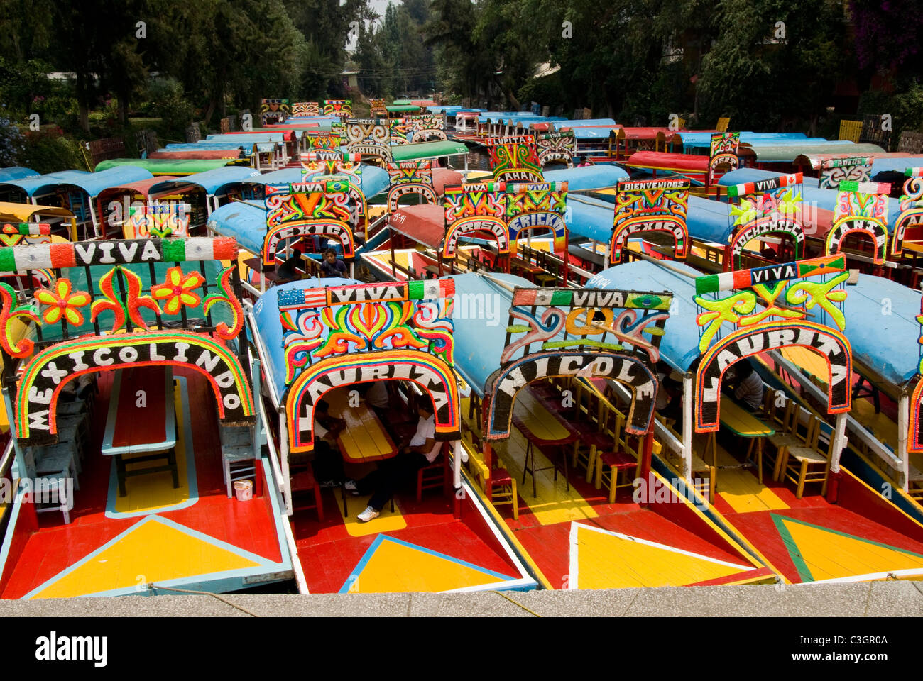 Mexico.Mexico city.Boarding in Xochimilco.Tourist boats in the waters ...