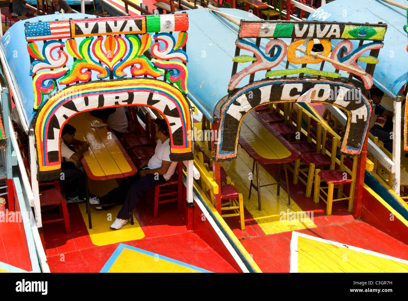 Mexico.Mexico city.Boarding in Xochimilco.Tourist boats in the waters ...