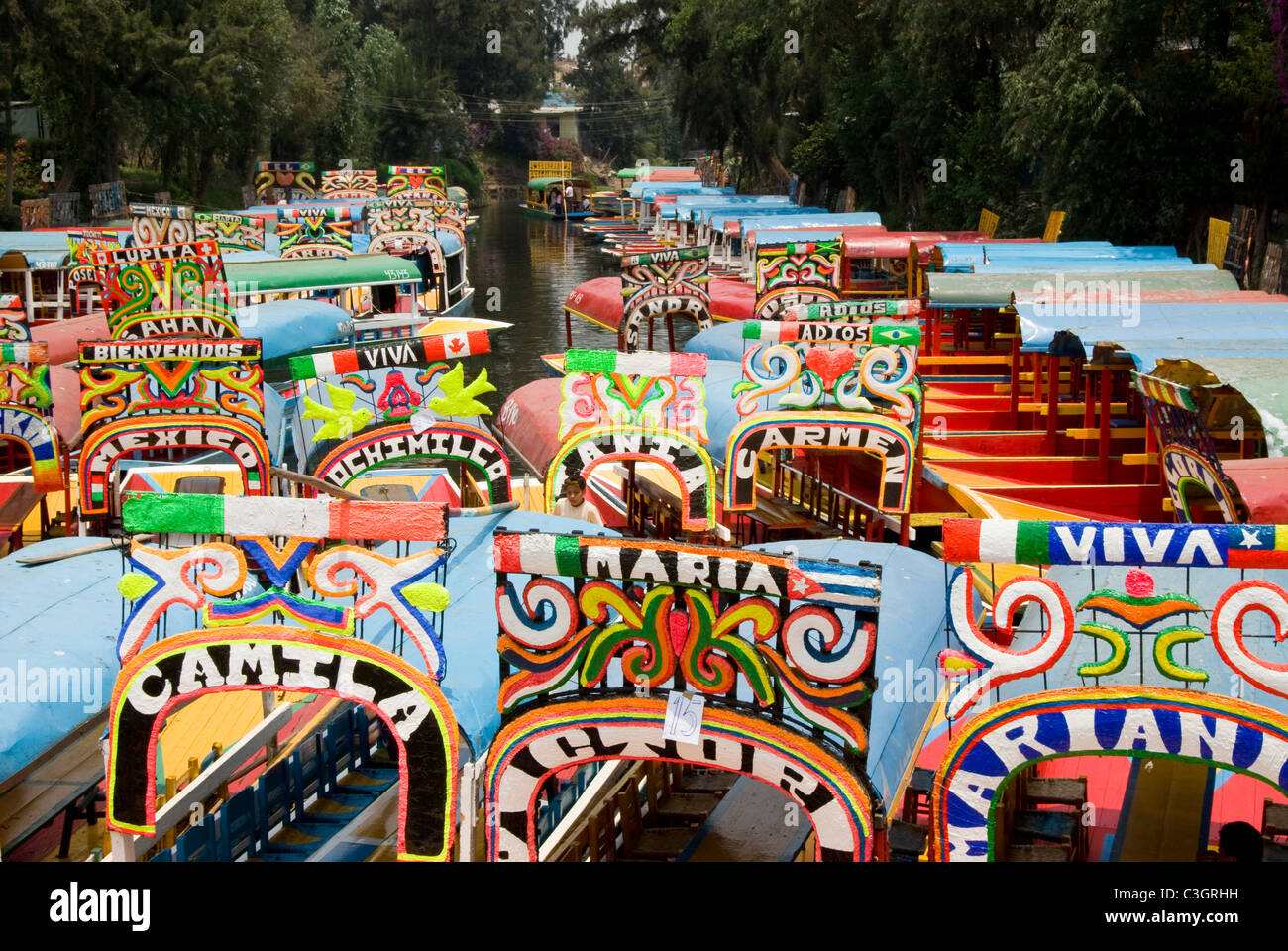 Mexico.Mexico city.Boarding in Xochimilco.Tourist boats in the waters ...